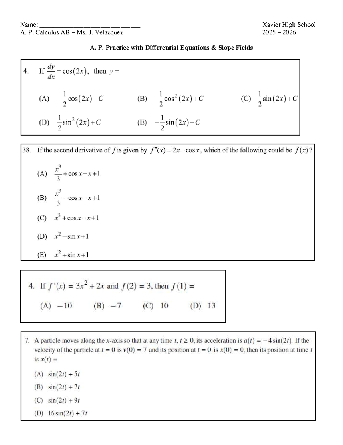 AP Calculus AB Practice: Differential Equations & Slope Fields - Studocu