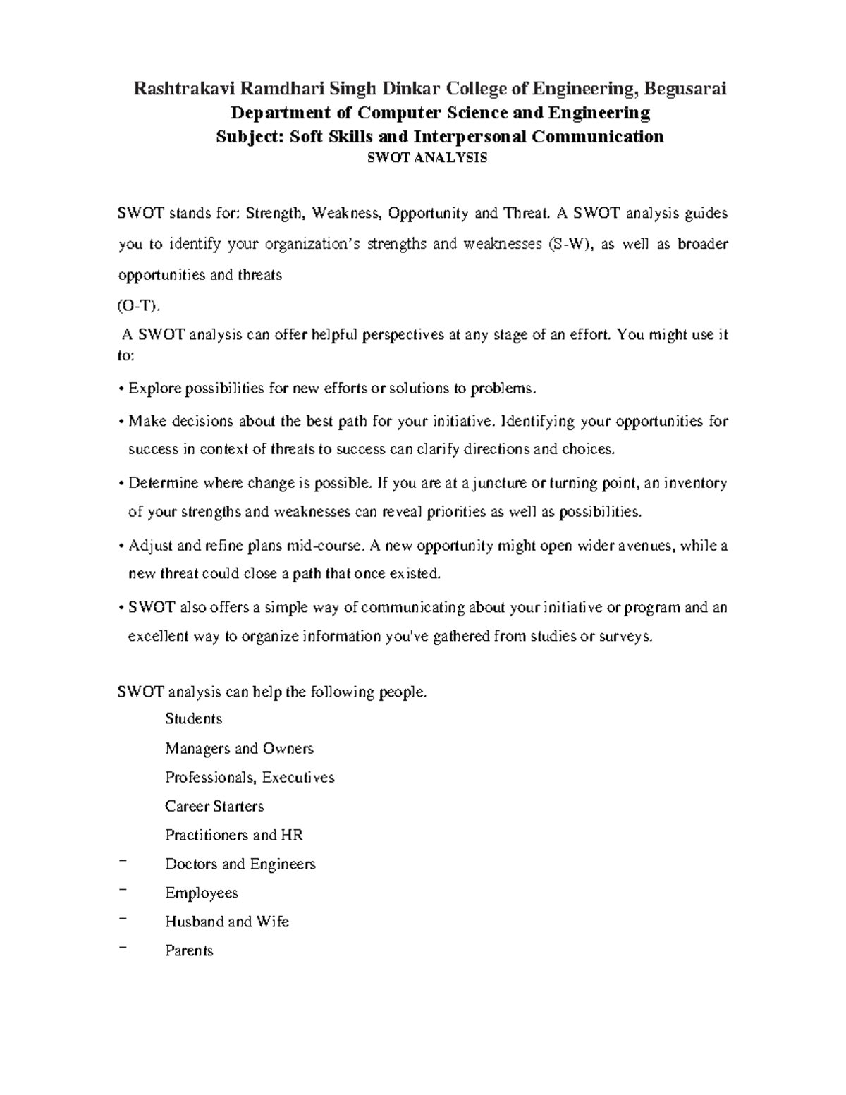 SWOT Analysis for Soft Skills & Interpersonal Communication - CSE 101 ...