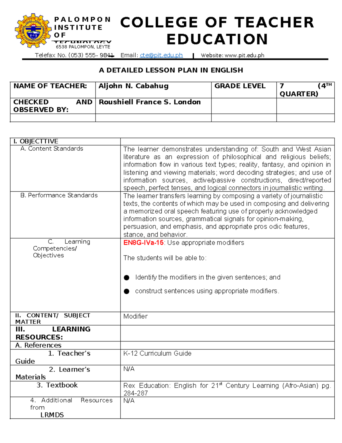 Detailed Lesson Plan on Modifiers for EN8G-IVa-15 (Grade 7) - Studocu
