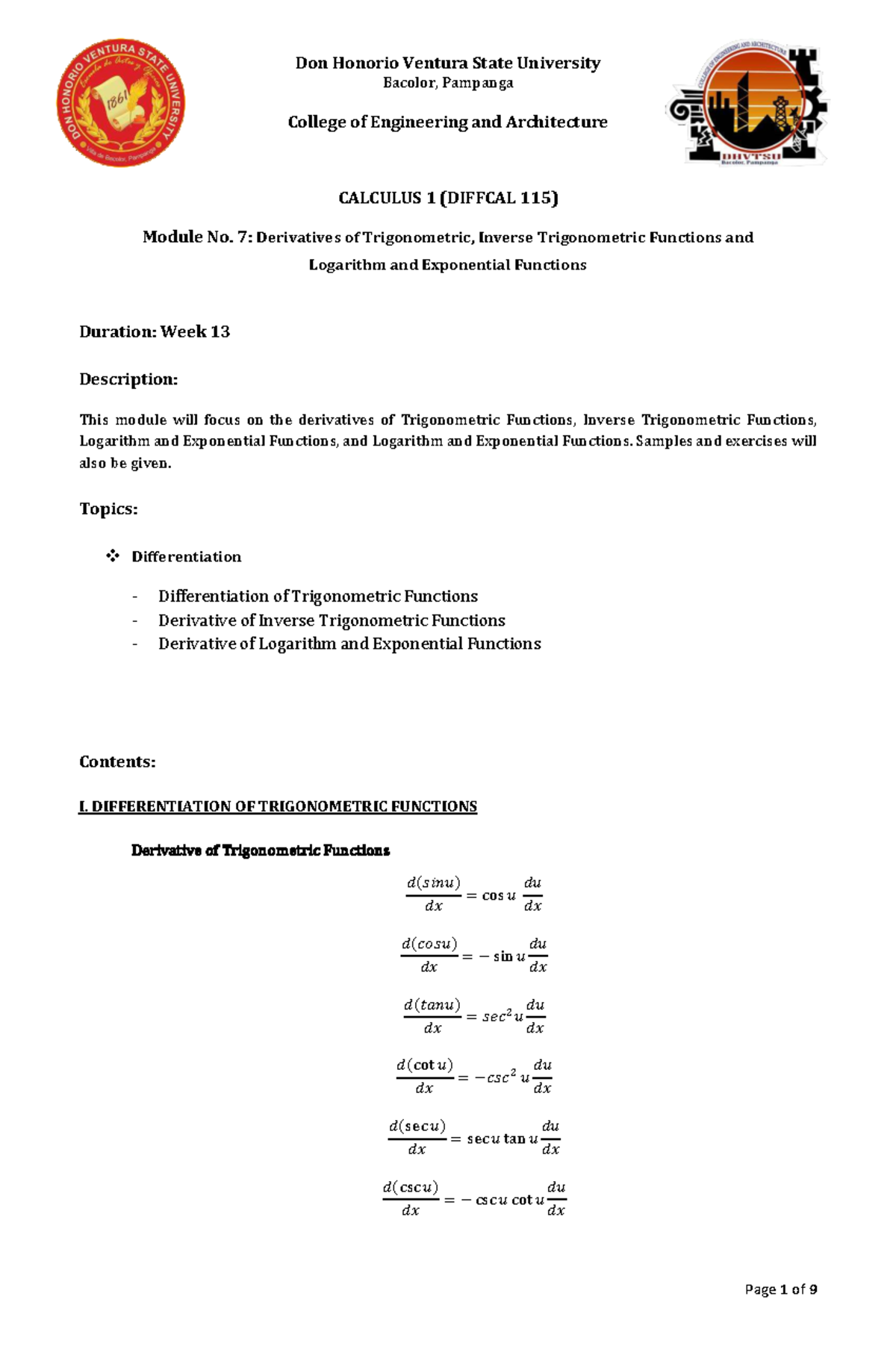 CALCULUS 1 (DIFFCAL 115) Module 7: Derivatives of Trig & Log Functions ...