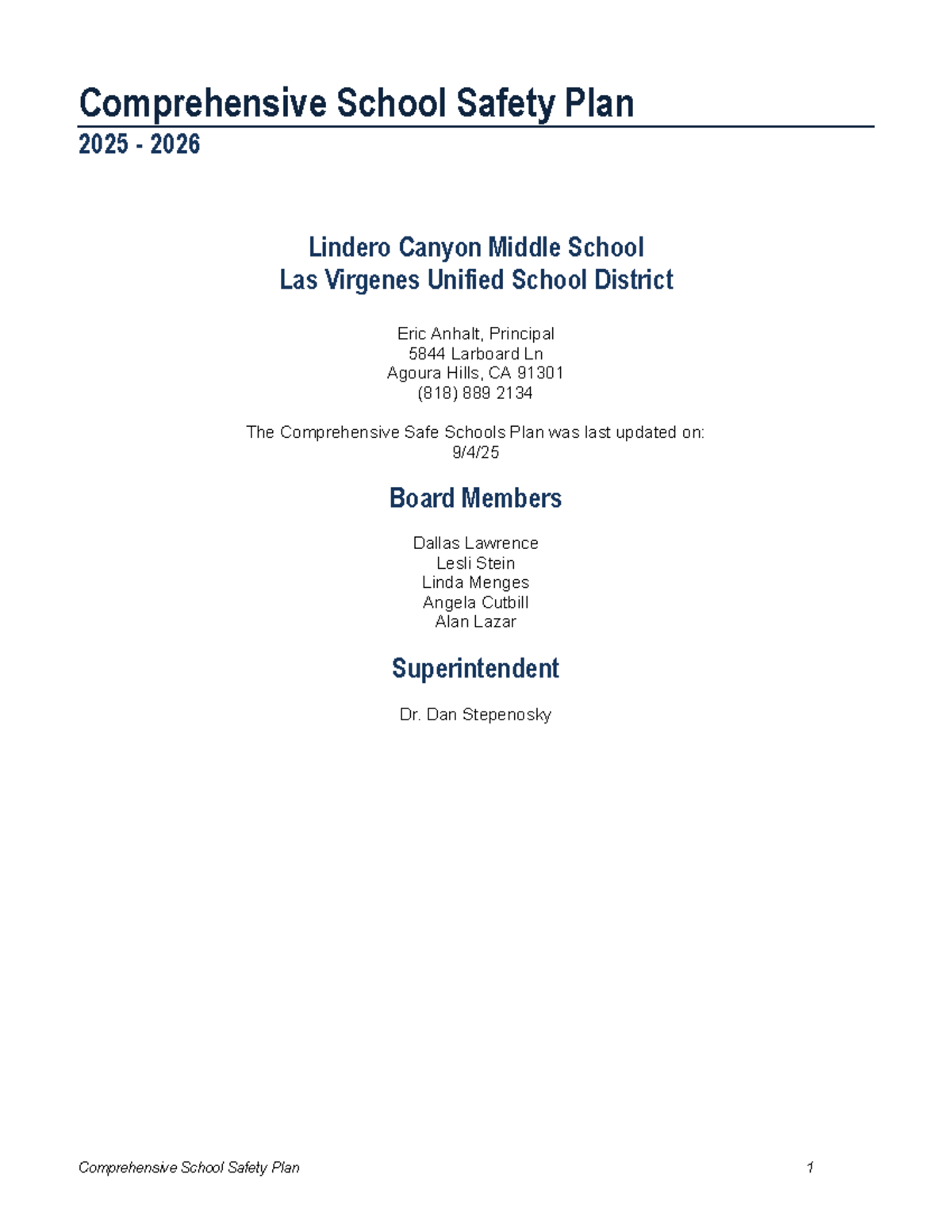 Comprehensive School Safety Plan 2025-2026 for Lindero Canyon MS - Studocu