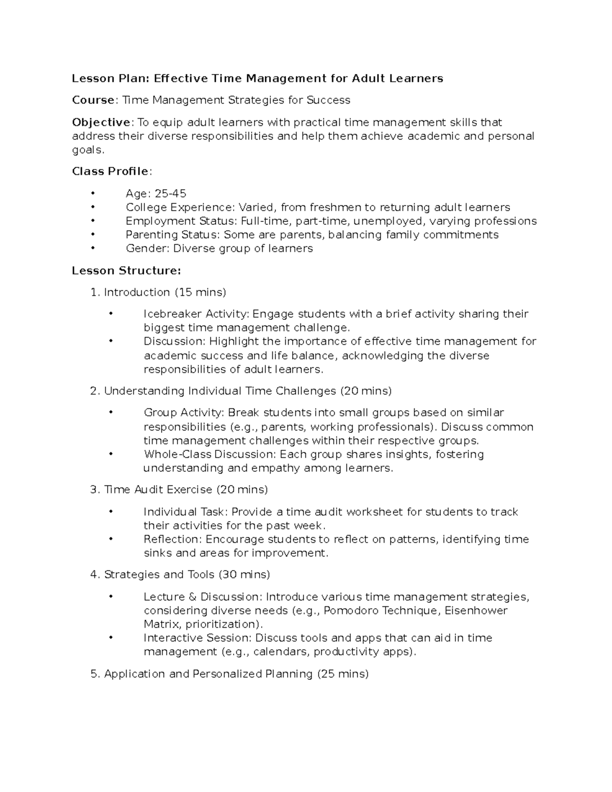 Lesson Plan: Time Management Strategies for Adult Learners (TMS 101 ...
