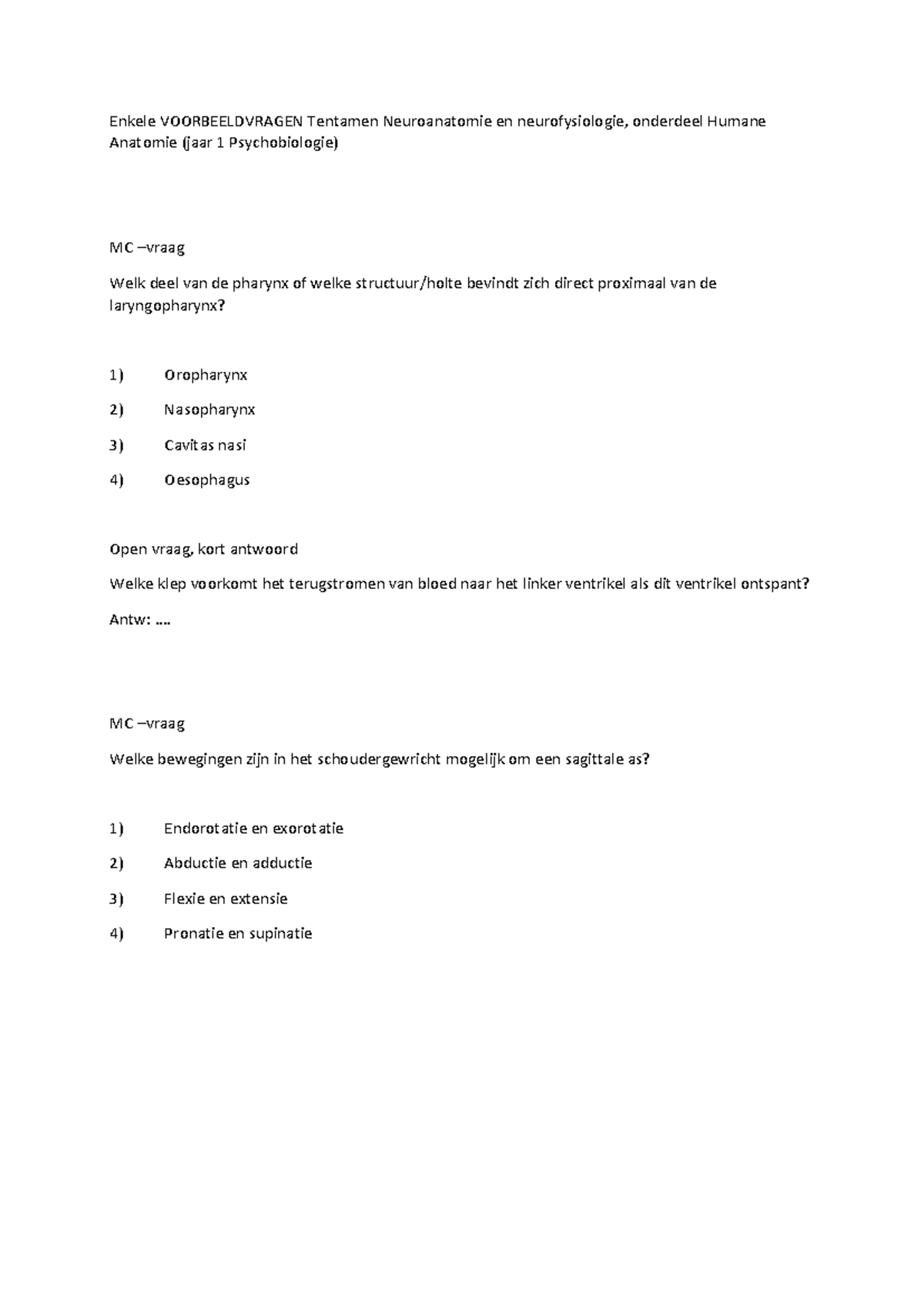 Tentamen NANF: Voorbeeldvragen Humane Anatomie & Neuroanatomie ...