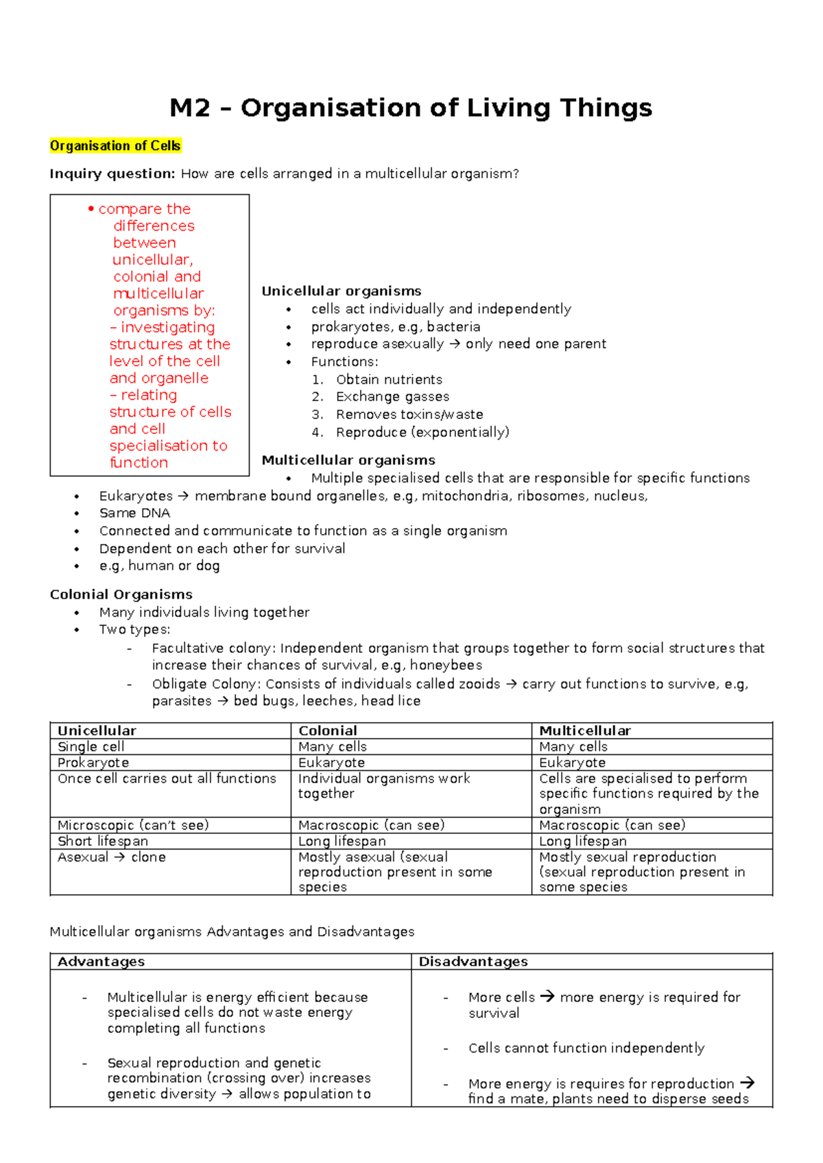 M2 - Final Exam Study Notes on Organisation of Living Things - Studocu