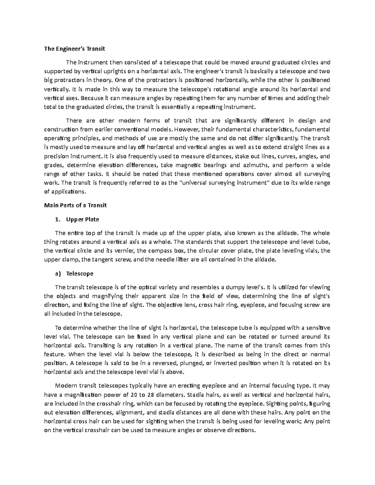Main Parts of a Transit - The Engineer’s Transit The instrument then ...