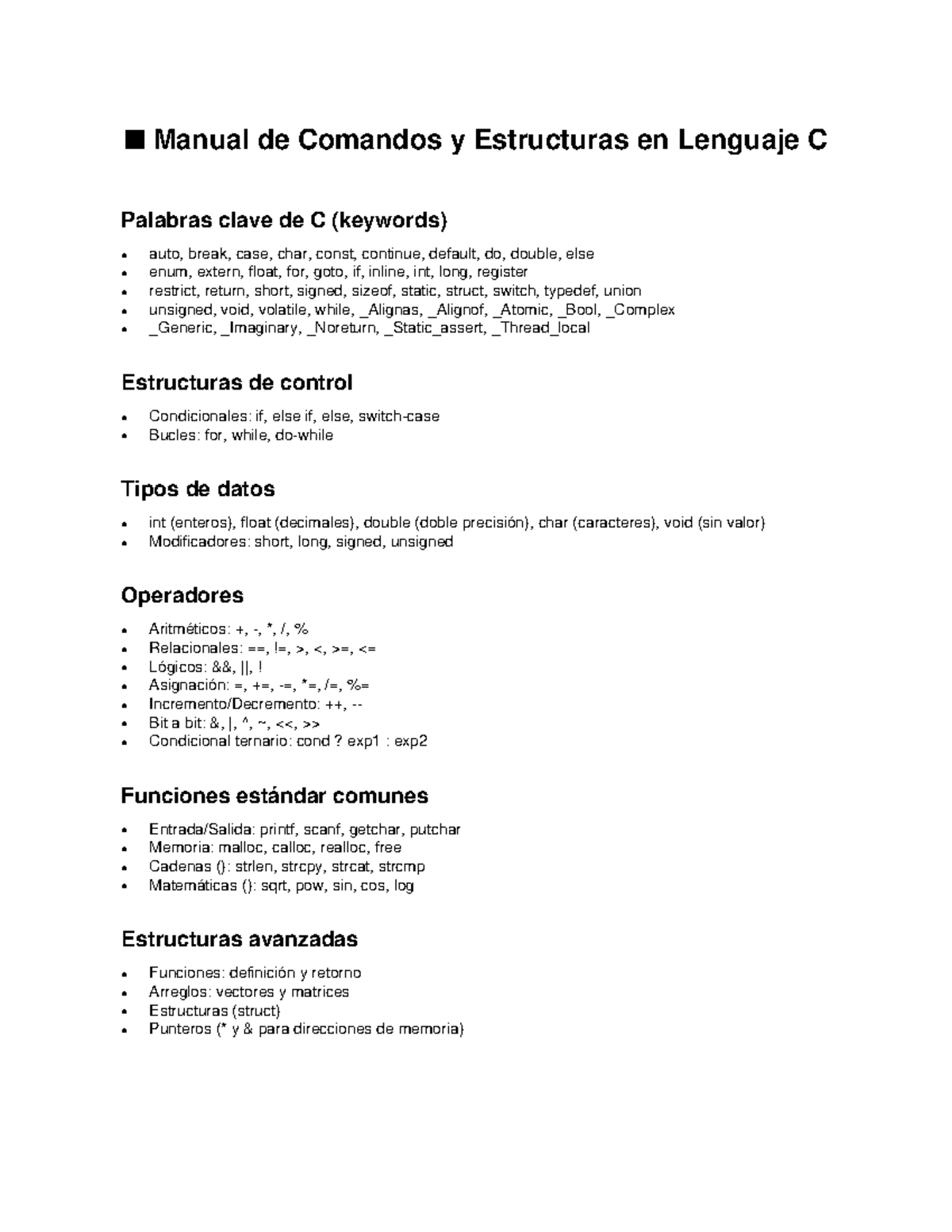 Manual C: Comandos y Estructuras en Lenguaje C - Studocu
