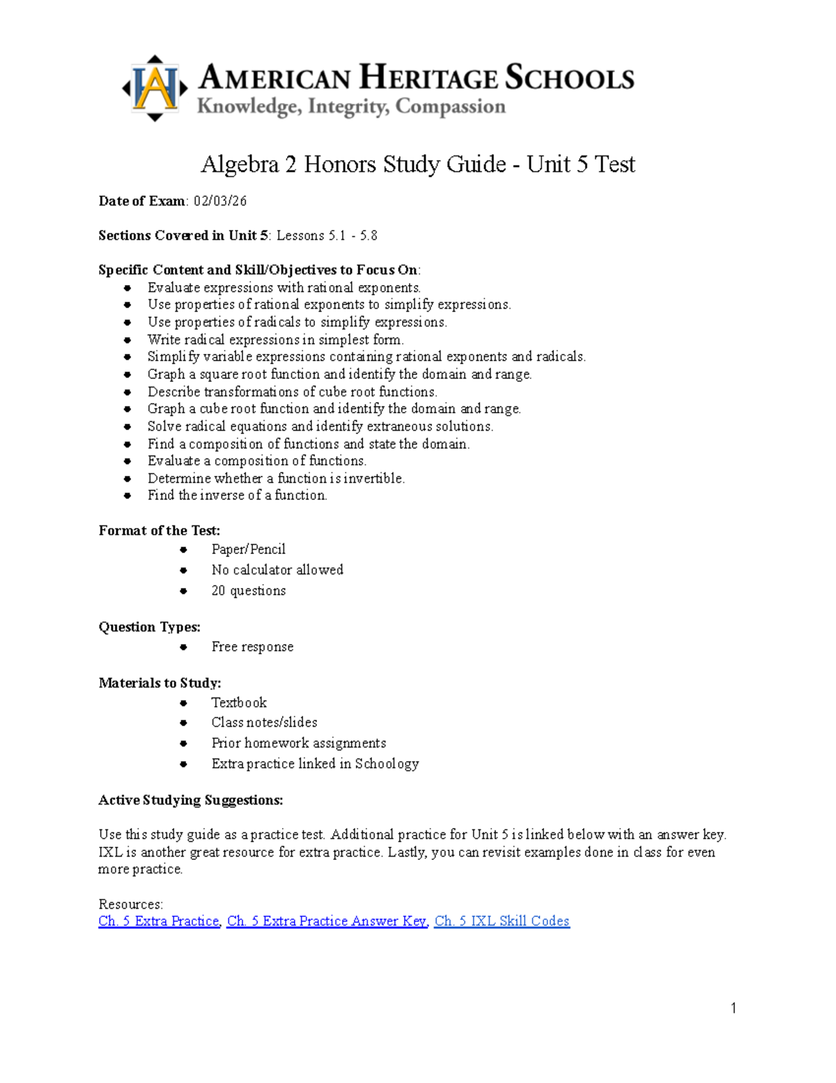 Algebra 2 Honors Study Guide: Unit 5 Test Prep - Studocu