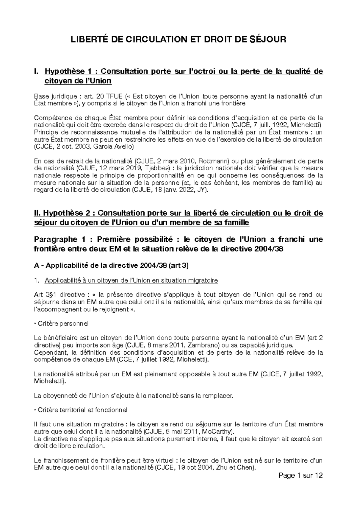 LIBERTÉ DE CIRCULATION ET DROIT DE SÉJOUR : ANALYSE JURIDIQUE - Studocu