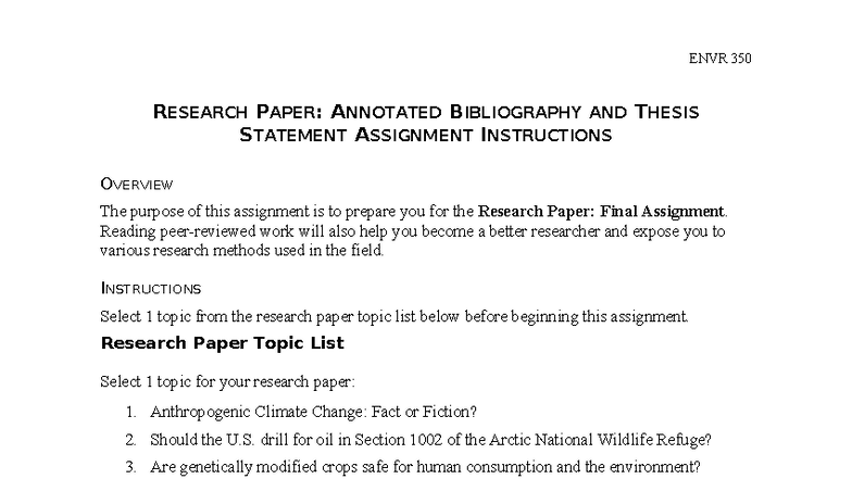 ENVR 350 Research Paper: Annotated Bibliography & Thesis Statement ...
