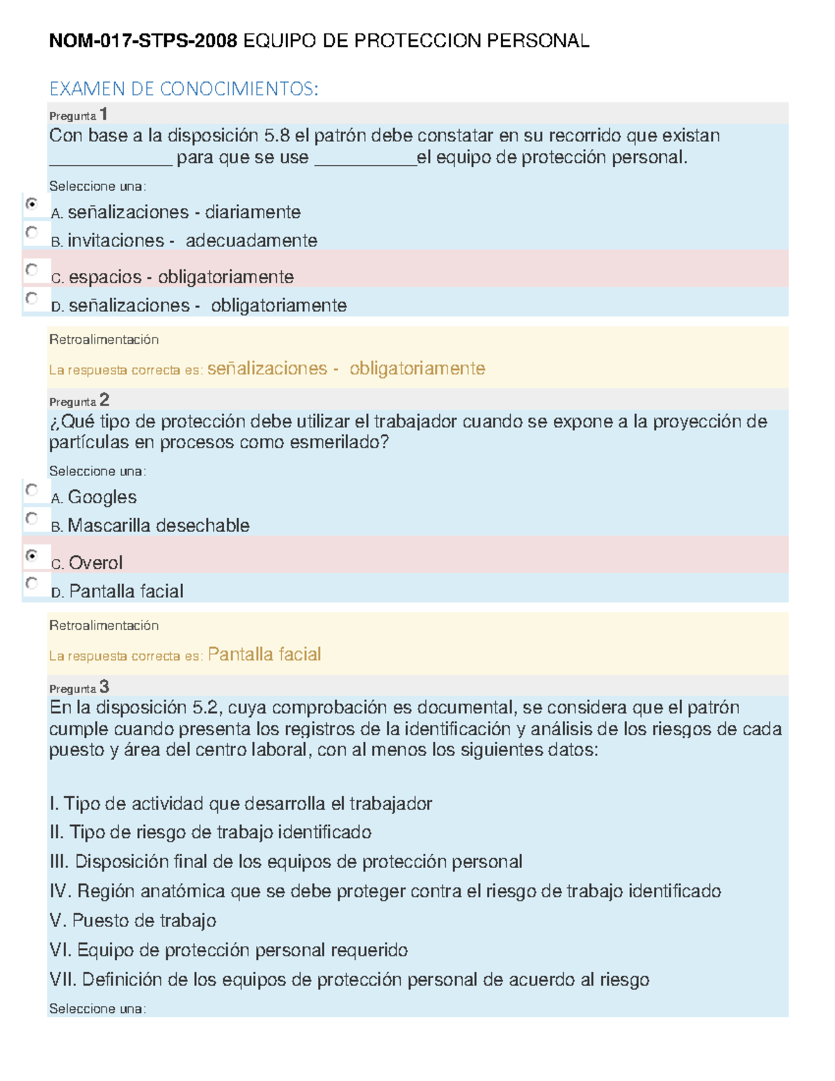 Examen de Conocimientos NOM 017 STPS 2008 - Evaluación de Protección Personal - Studocu