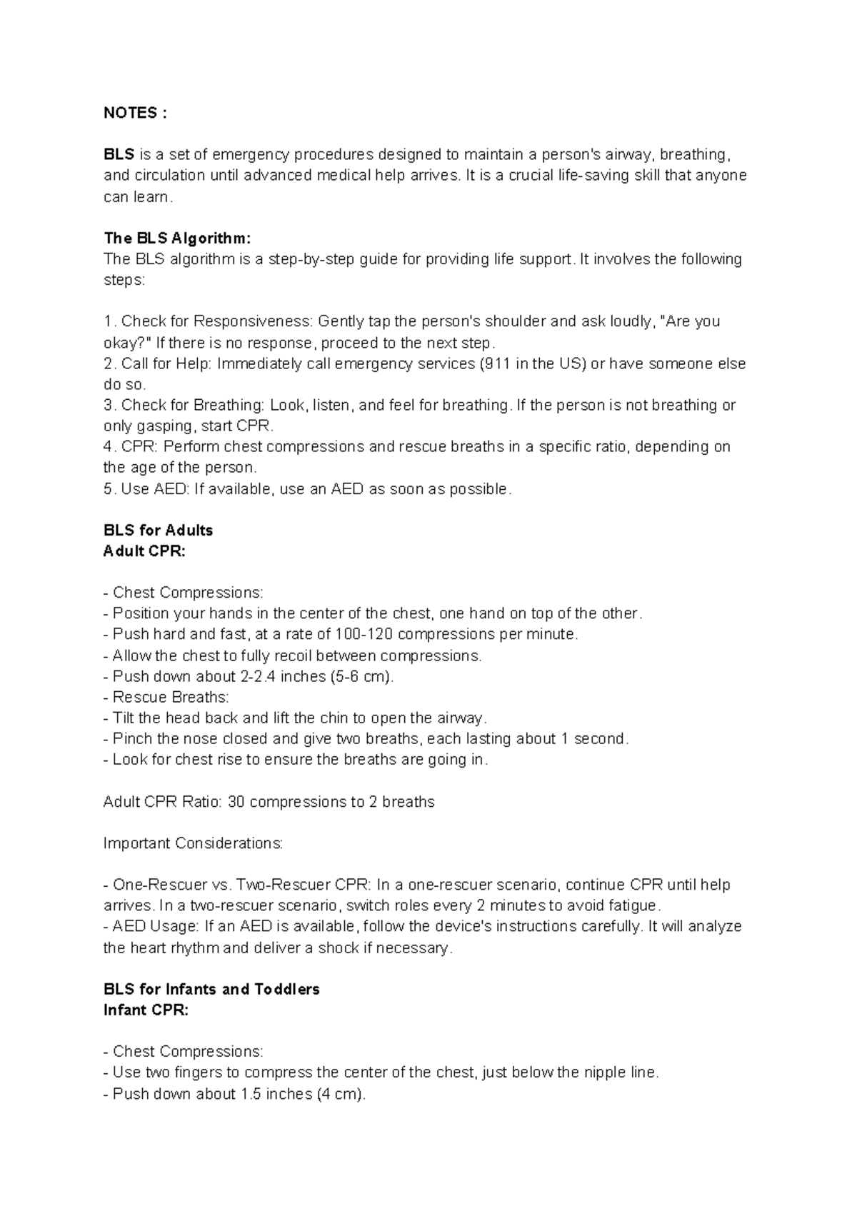 BLS%20Reviewer - Bls training summaries - NOTES : BLS is a set of ...