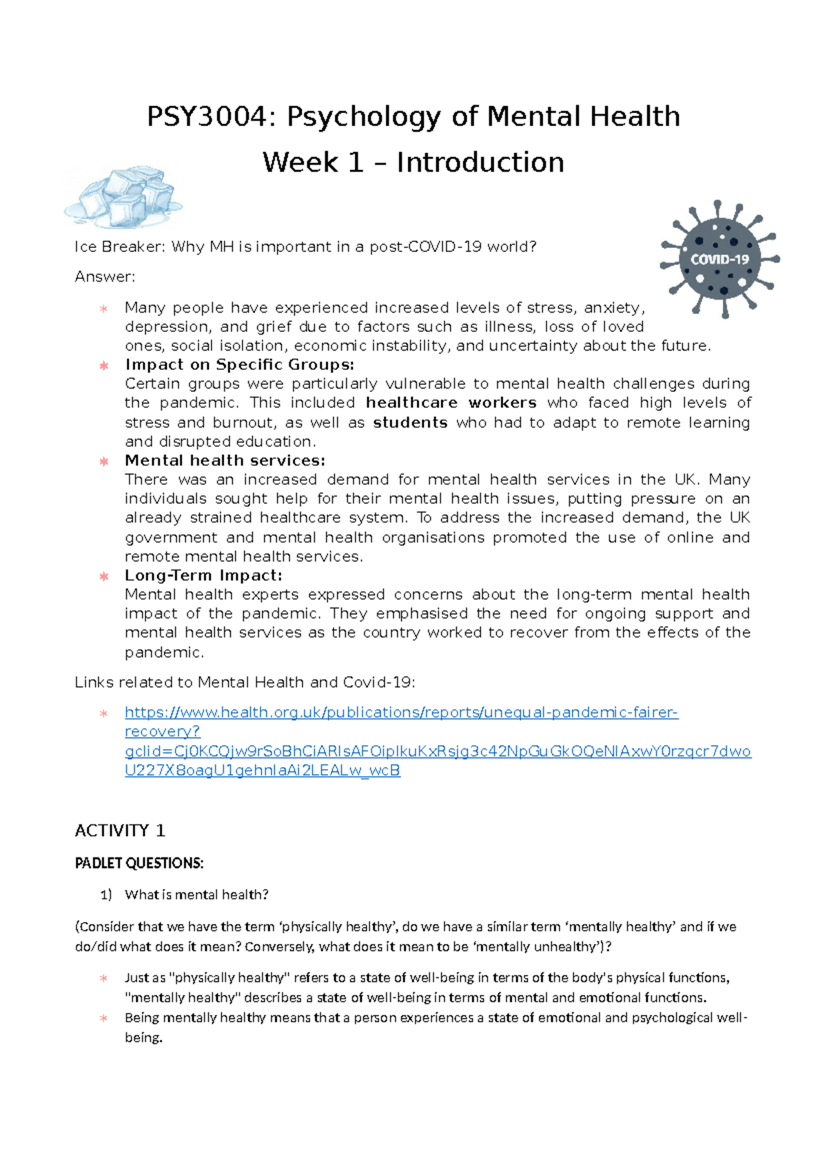 PSY3004: Week 1 Intro to Mental Health - Importance & Key Concepts ...