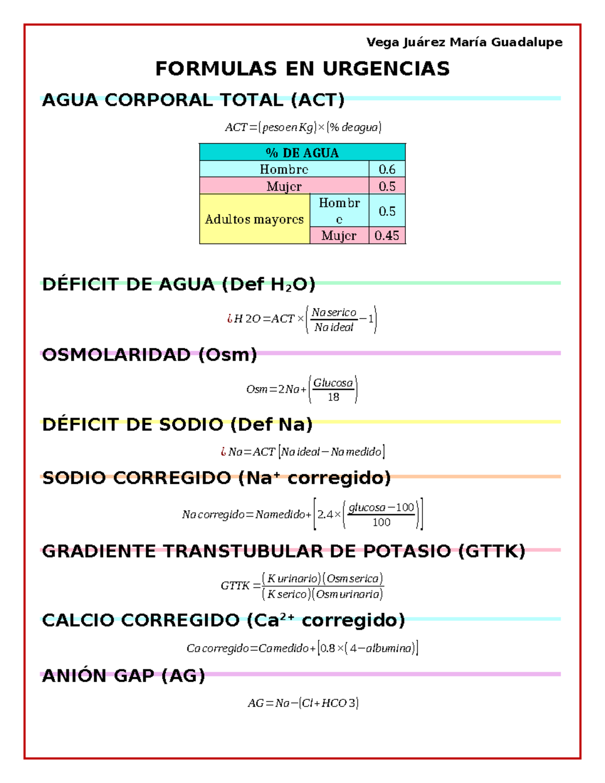 Formulas en Urgencias: Agua Corporal Total y Soluciones (ACT) - Studocu