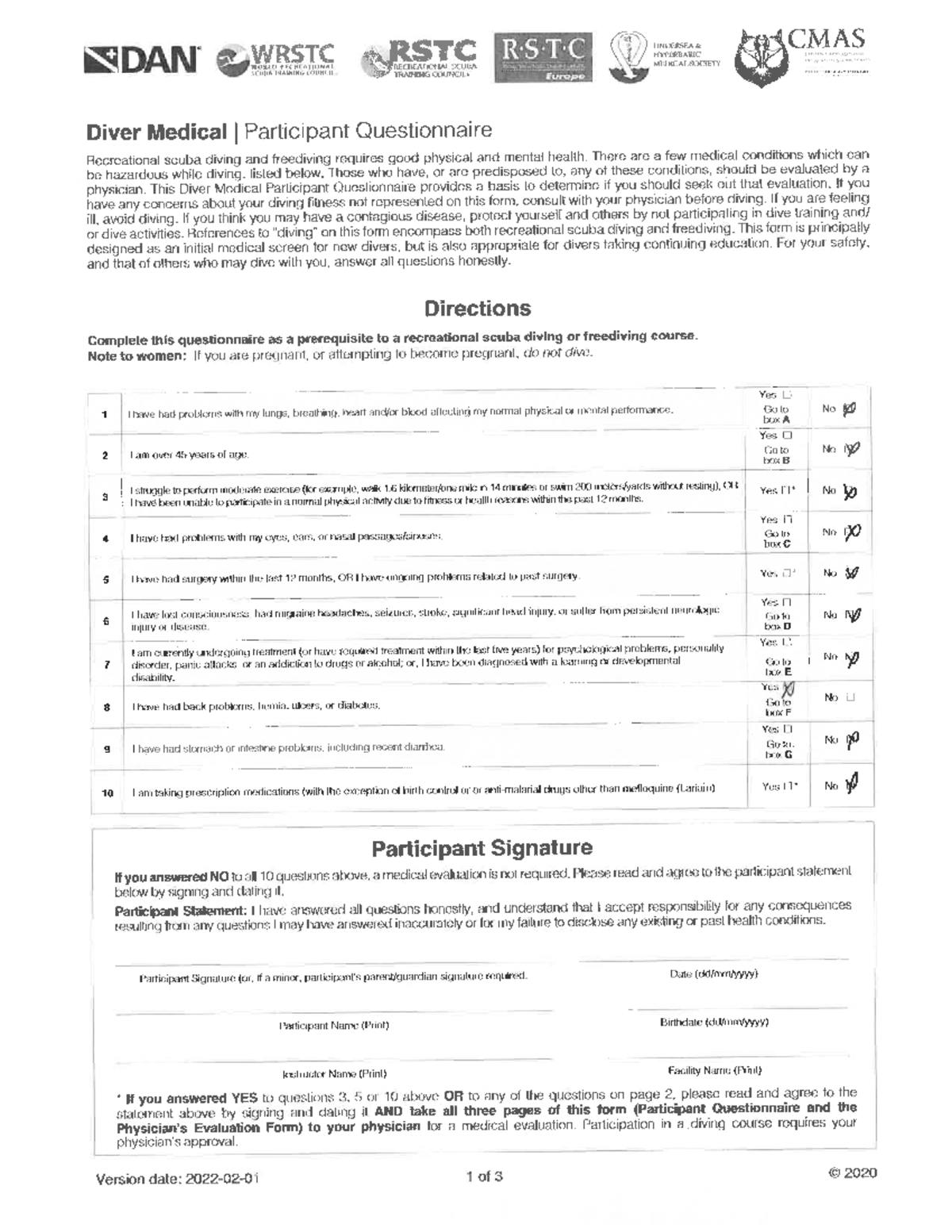 Diver Medical I Participant Questionnaire for Recreational Scuba - Studocu