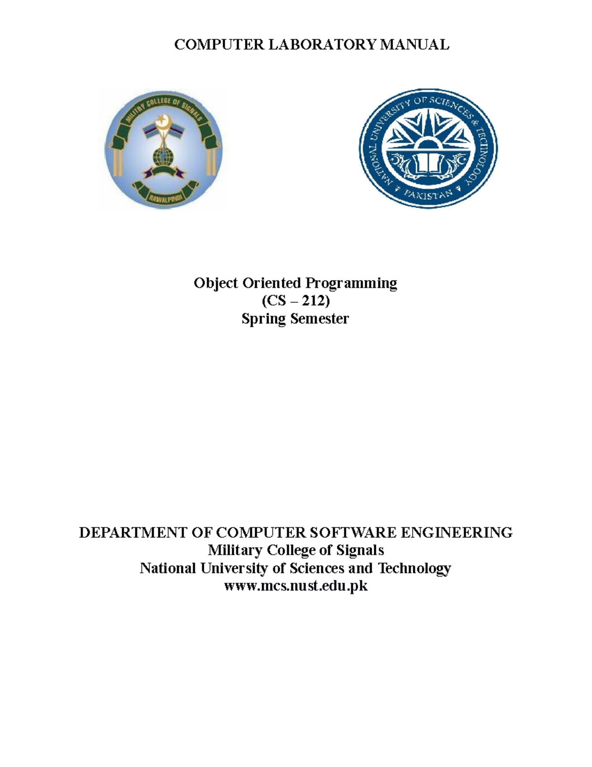 OOP Lab Manual - OOP Lab Solution - COMPUTER LABORATORY MANUAL Object Oriented Programming (CS ...