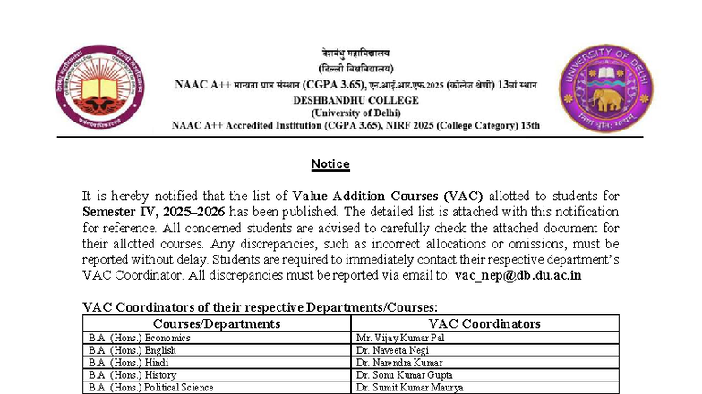 Semester IV 2025-26 Value Addition Courses (VAC) List Notification ...