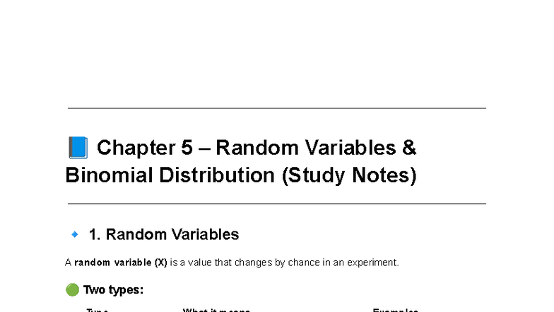 Chapter 5 Study Notes: Random Variables & Binomial Distribution - Studocu