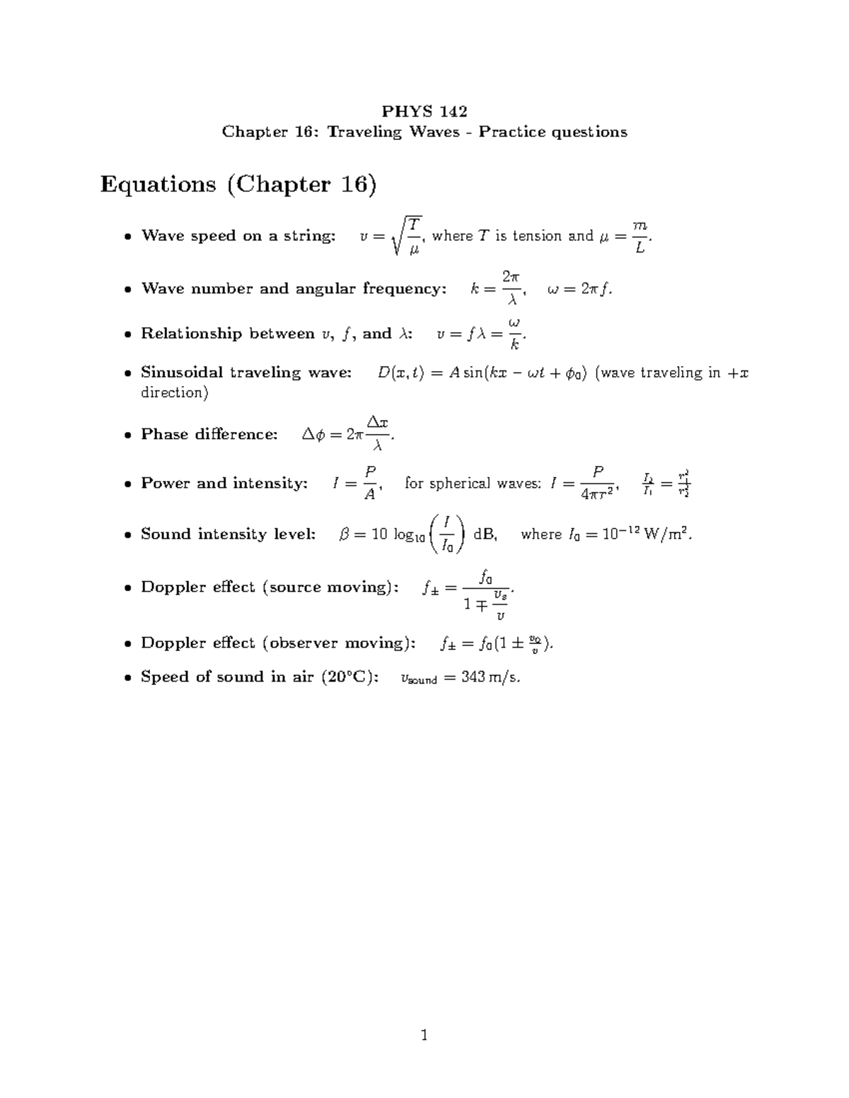 PHYS 142 Chapter 16: Traveling Waves - Practice Questions & Solutions ...
