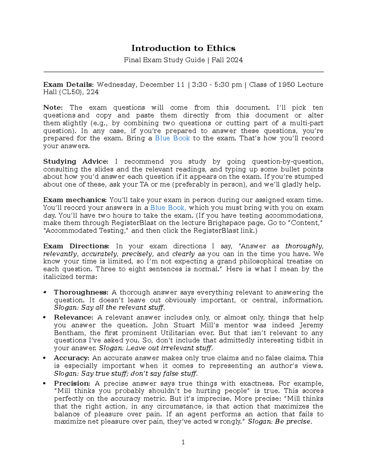 Final Exam Study Guide - Introduction to Ethics (Fall 2024 ...