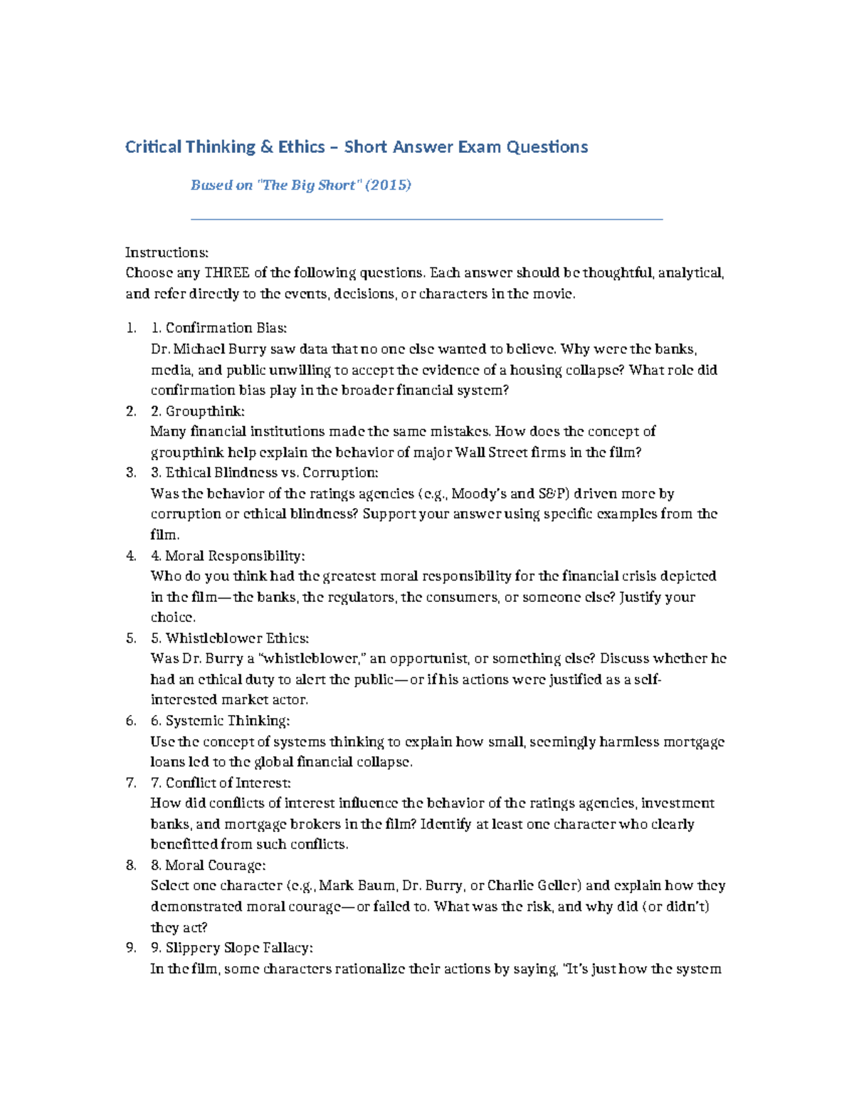 Critical Thinking Ethics Exam Questions - Course Code: IND101 - Studocu