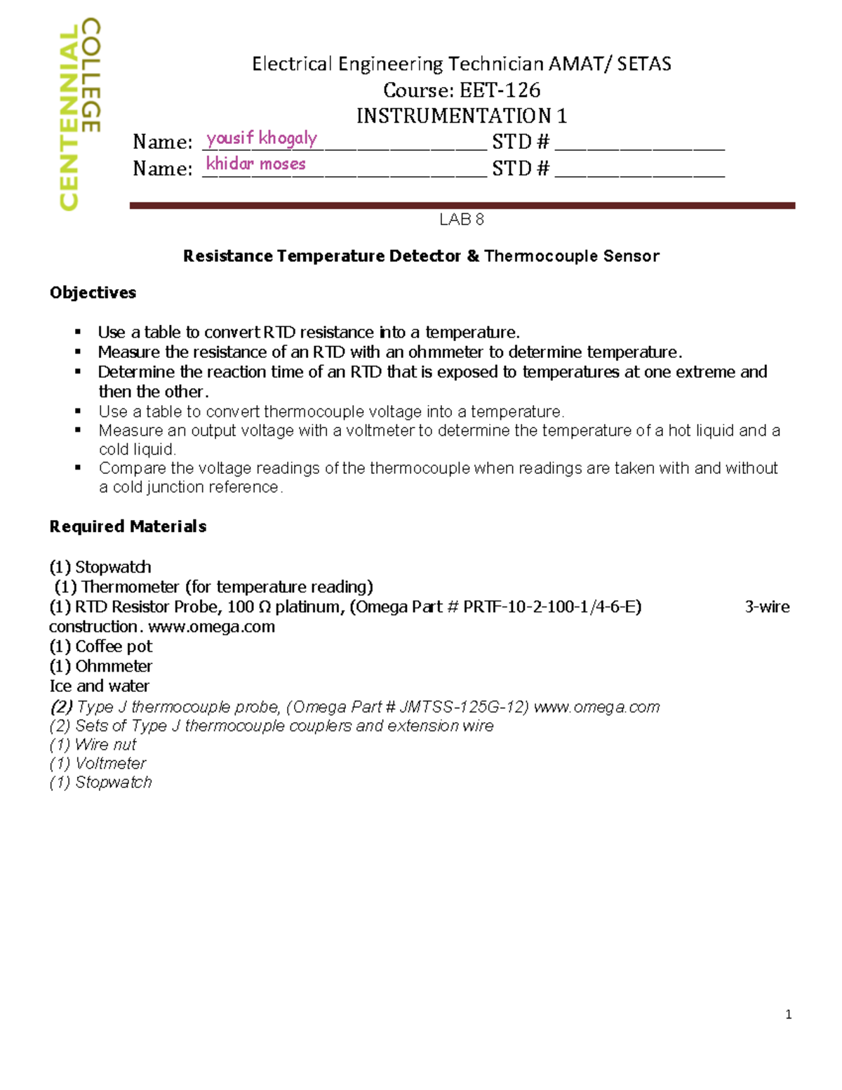 EET-126 Lab 8: RTD & Thermocouple Sensor Experiment Guide - Studocu