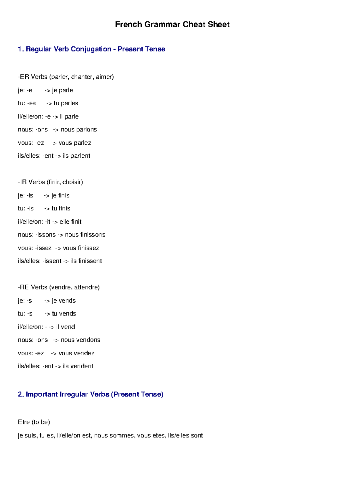 French Grammar Cheat Sheet: Regular & Irregular Verbs Guide - Studocu