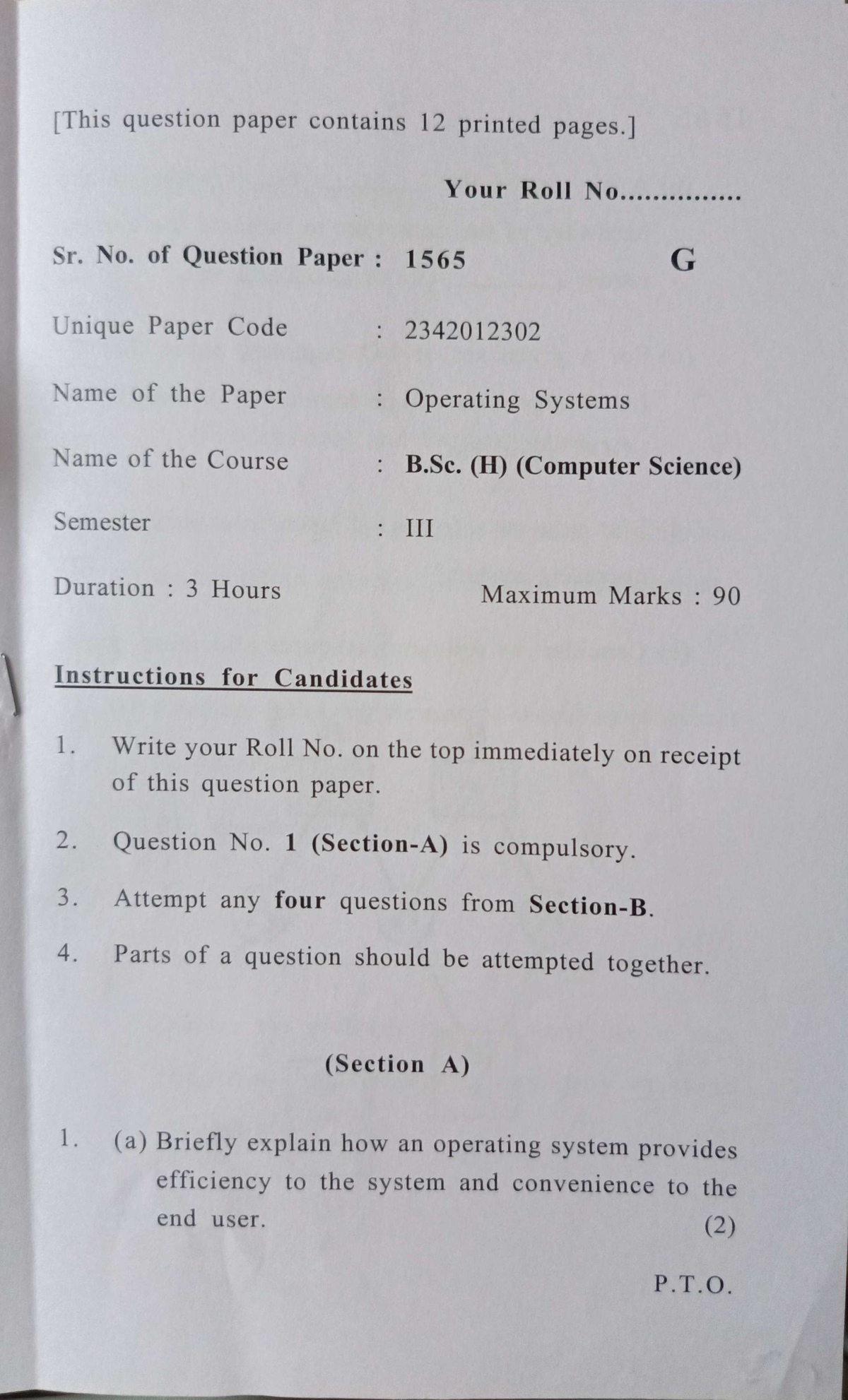 OS B.Sc. (H) Computer Science Semester PYQ - Operating Systems Exam ...