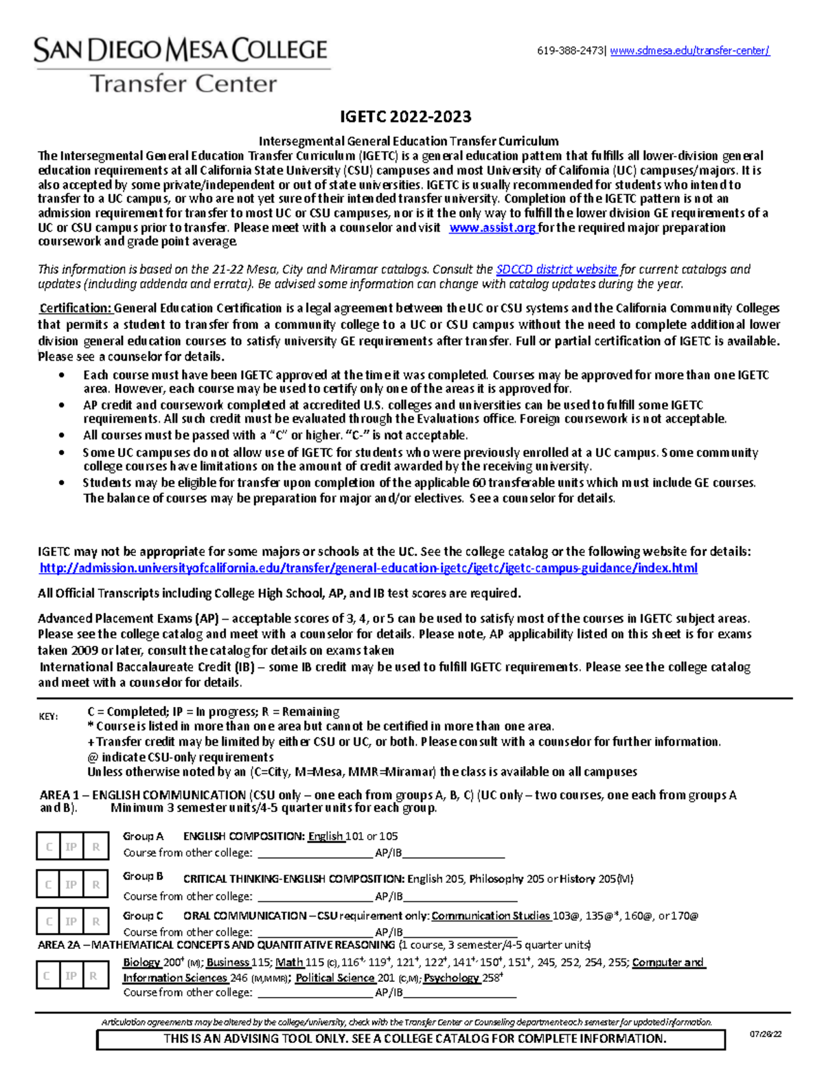 IGETC 22-23: Intersegmental General Education Transfer Curriculum Guide ...