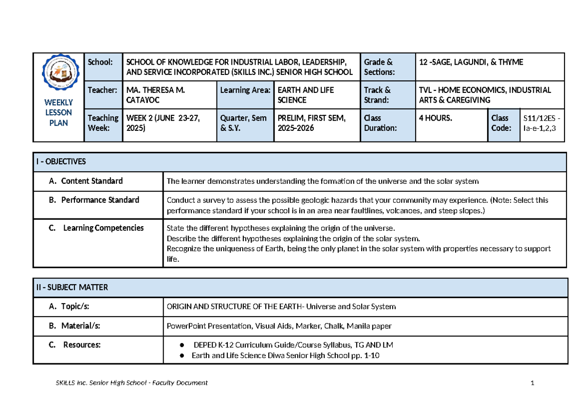 WEEK 2 LESSON PLAN IN EARTH AND LIFE SCIENCE (S.Y. 2025) - Studocu