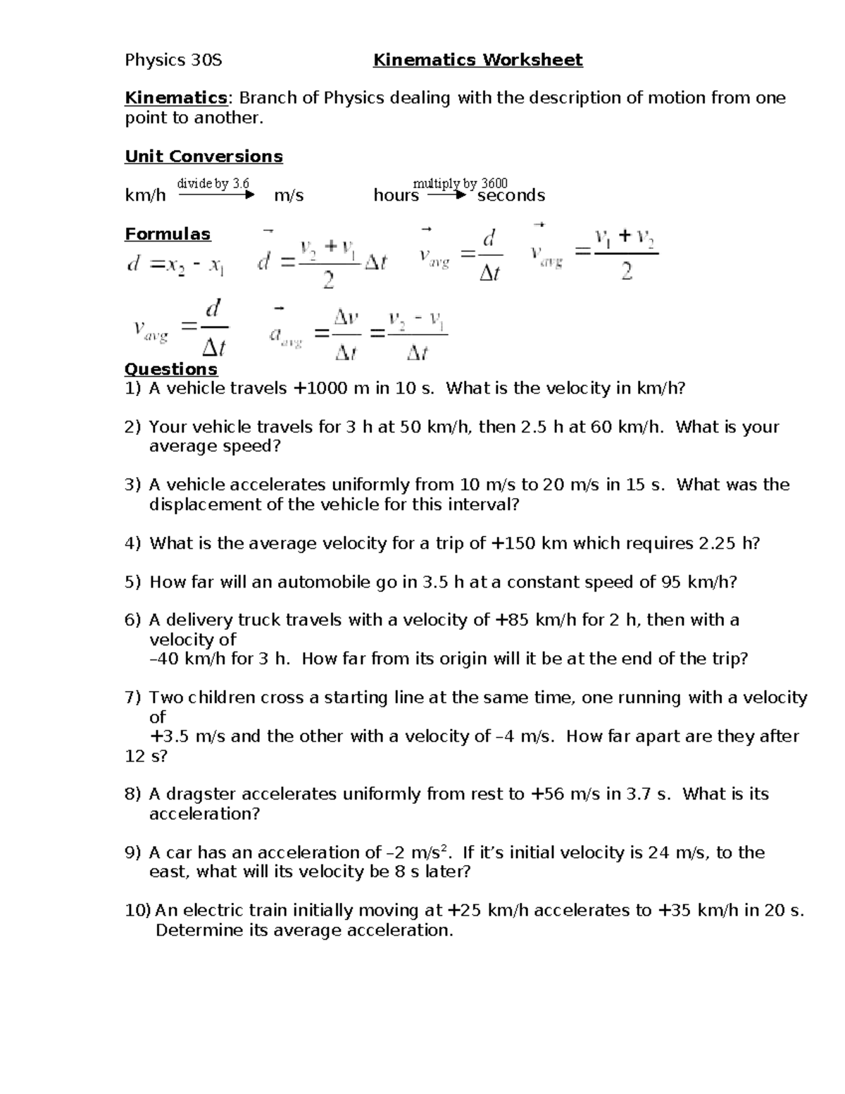Kinematicsworksheet 1 - divide by 3. Physics 30S Kinematics Worksheet ...