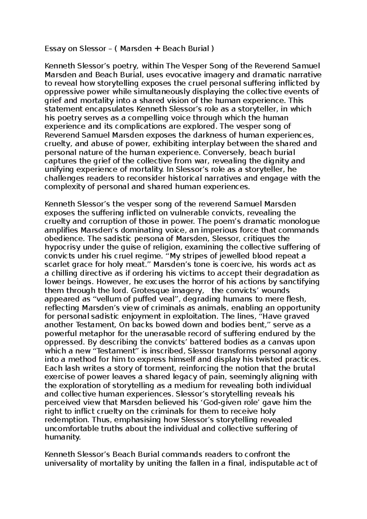 Essay on Kenneth Slessor's Poetry: Vesper Song & Beach Burial D1 - Studocu