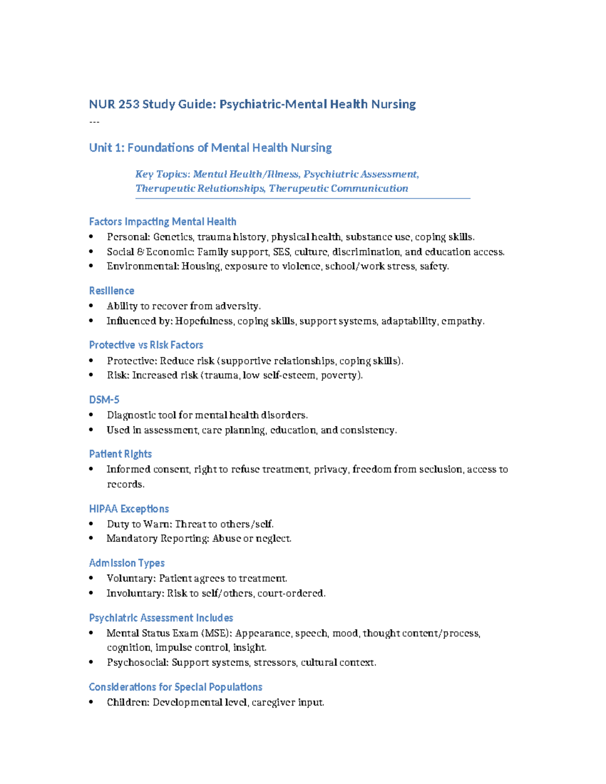 NUR 253 Study Guide: Foundations of Mental Health Nursing Units 1 & 2 ...