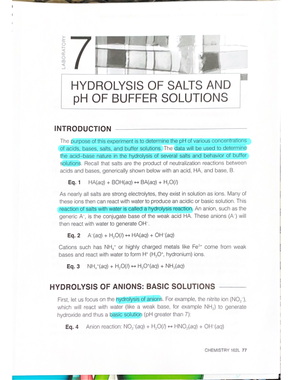 Lab 7 Chem 162 - Salt Hydrolysis & Buffer Solutions pH Analysis - Studocu