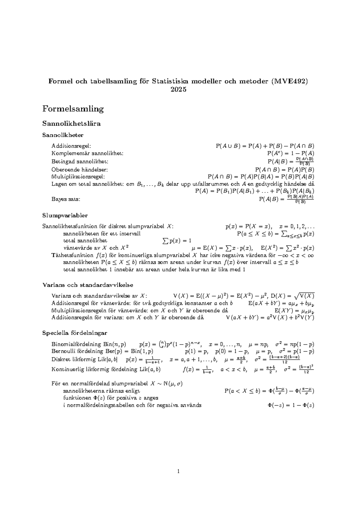 MVE492 Formelsamling: Statistiska Modeller och Sannolikheter 2025 - Studocu