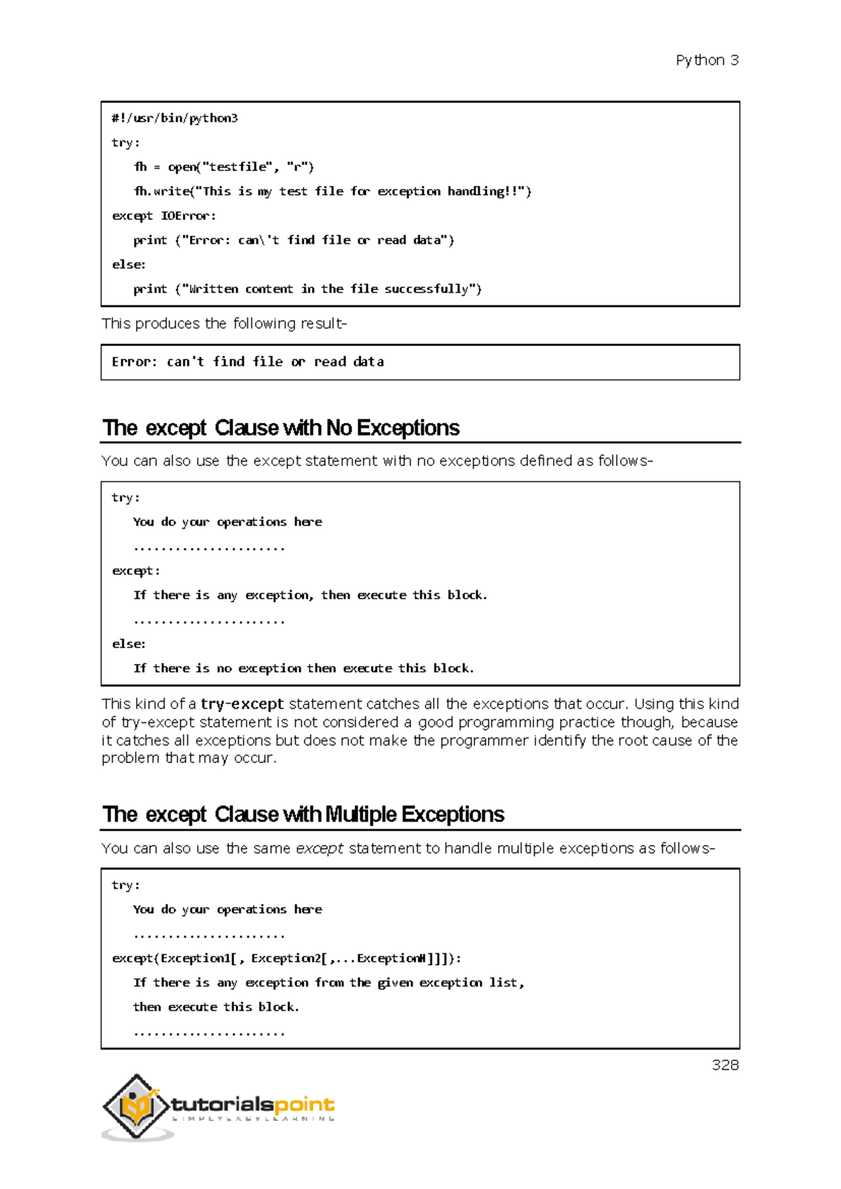 Python tutorial-18 - #!/usr/bin/python try: fh = open("testfile", "r ...