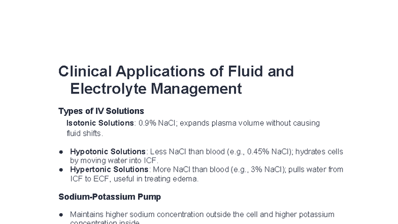 Clinical Applications of Fluid & Electrolyte Management (NURS 101 ...