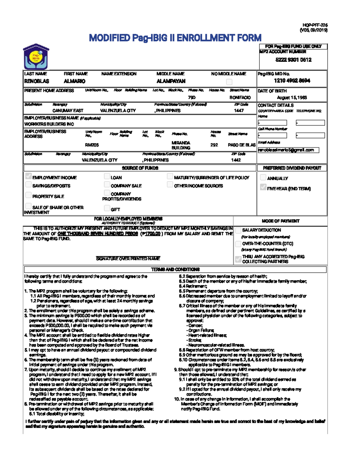 V03 MP2 Enrollment Form for Fund Use Only - Renoblas Almario - Studocu