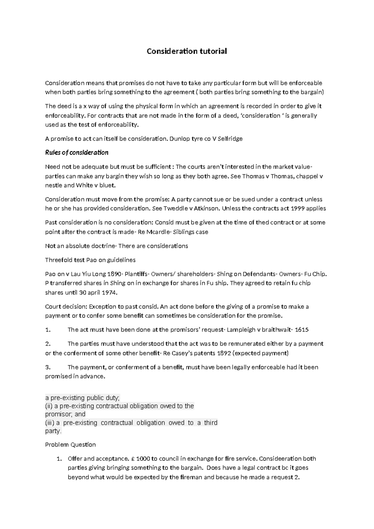 Consideration Tutorial Notes: Key Principles and Case Law - Studocu