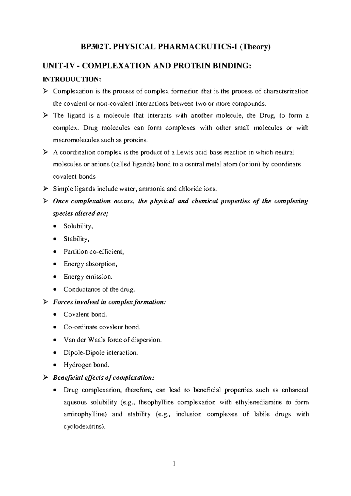 BP302T PYP UNIT IV - Complexation & Protein Binding Notes - Studocu