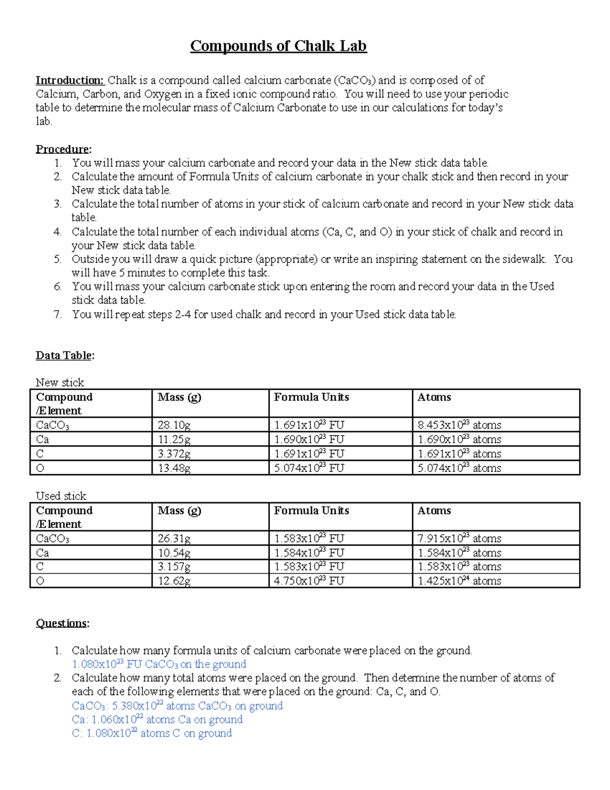 Chalk Lab - You will need to use your periodic table to determine the ...