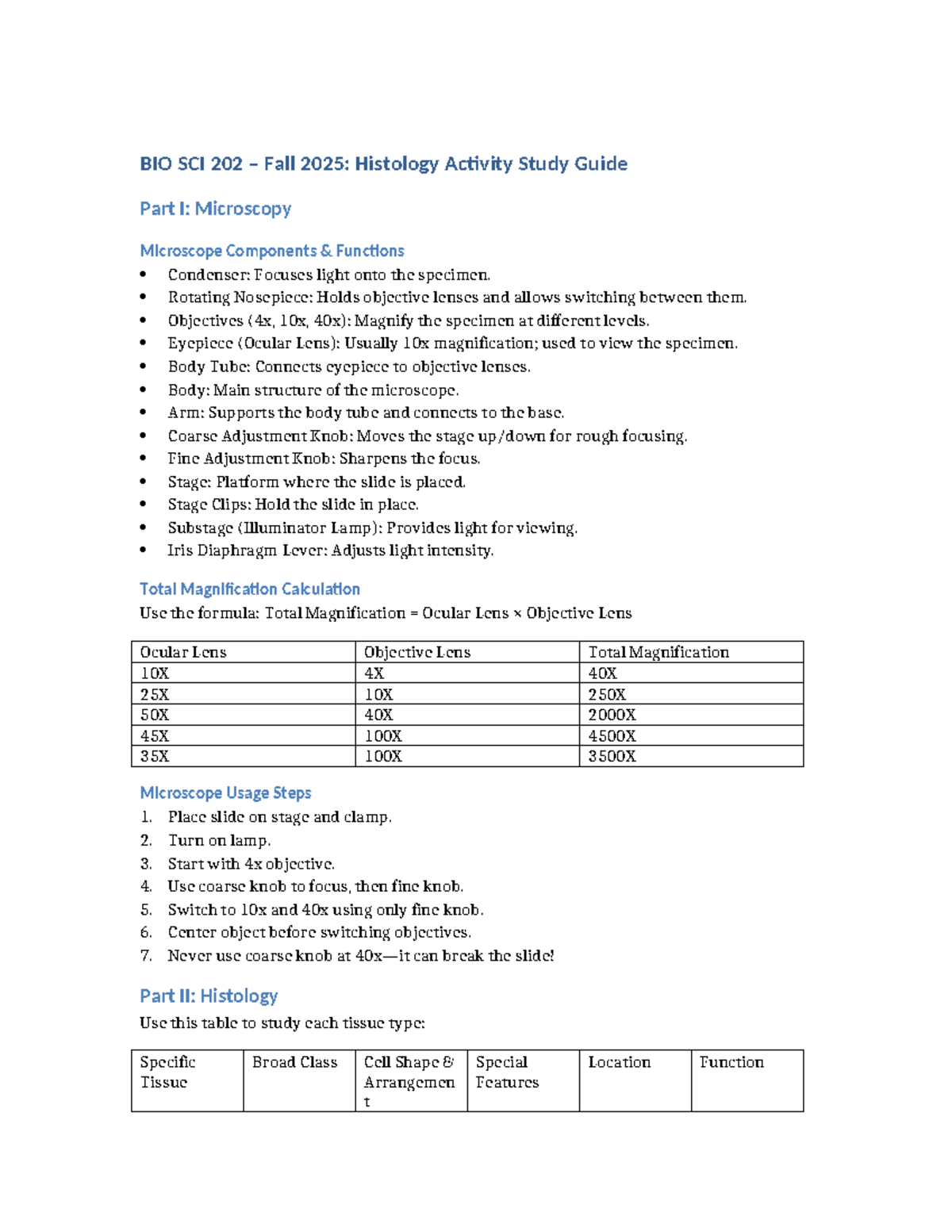 BIO SCI 202 – Fall 2025: Histology & Microscopy Study Guide - Studocu