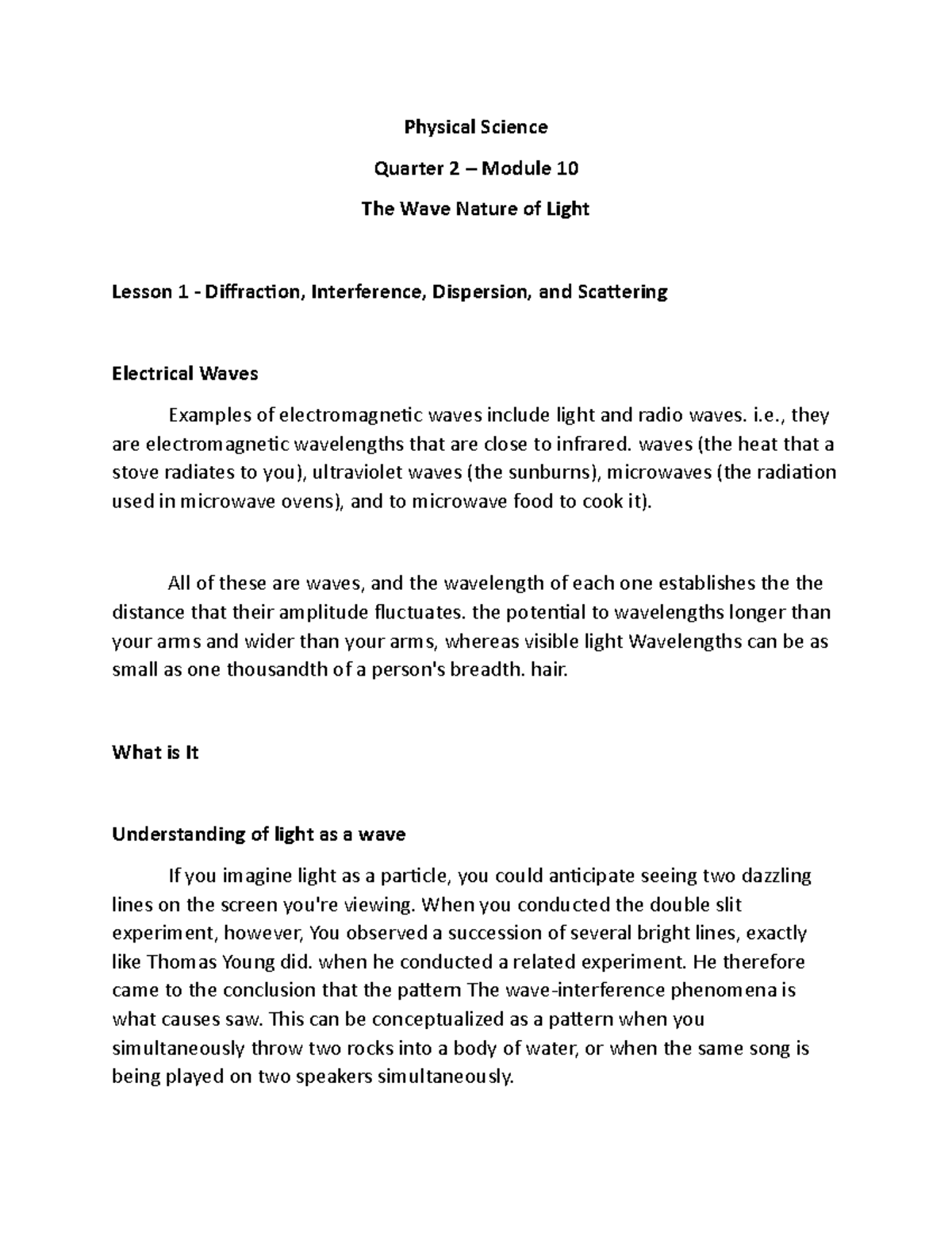 Physical Science Module 10: Wave Nature of Light Overview - Studocu
