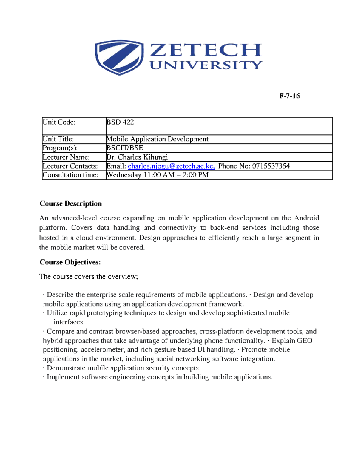 BSD 422 Mobile application development course overview and outline ...