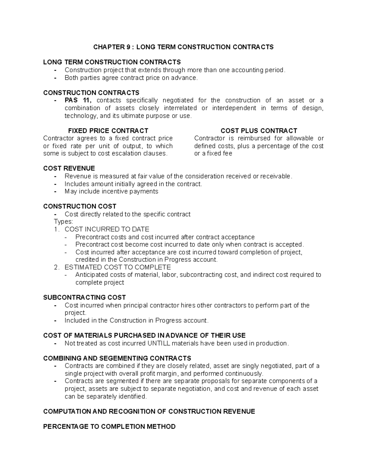 Long Term Construction Contracts & Franchise Accounting Notes - Studocu