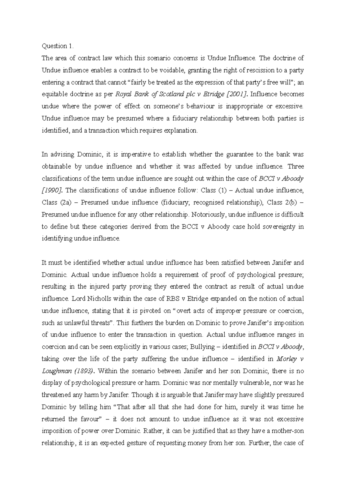 Contract Law Analysis: Undue Influence & Misrepresentation (LAW101 ...