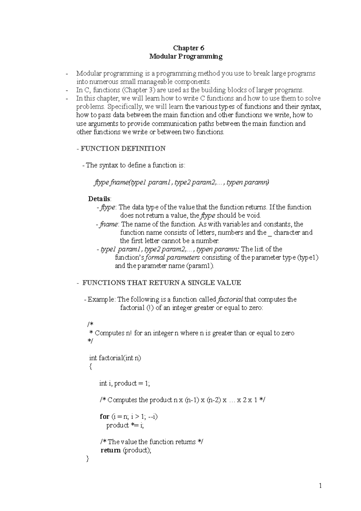 Chapter 6 - Modular Programming Concepts in C (CS101) - Studocu