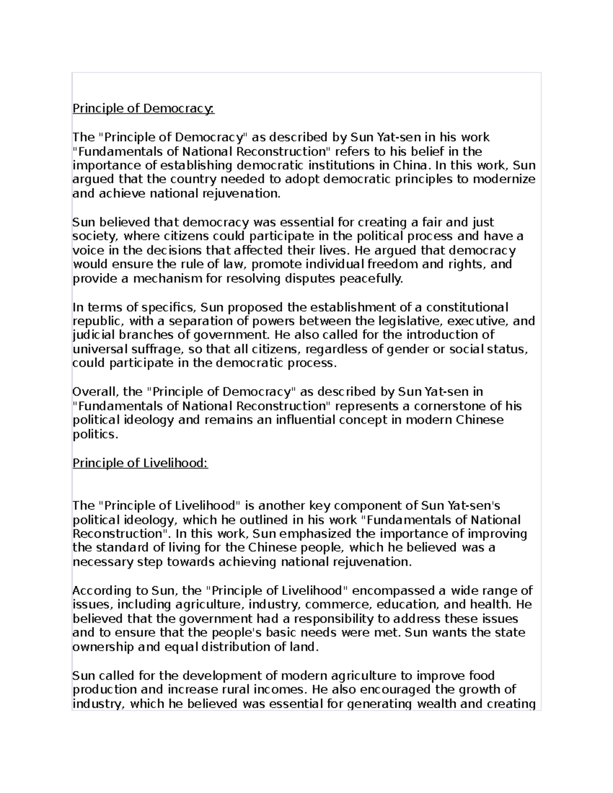 HIS 353 - Sun Yat-sen's Principles of Democracy and Livelihood Notes ...