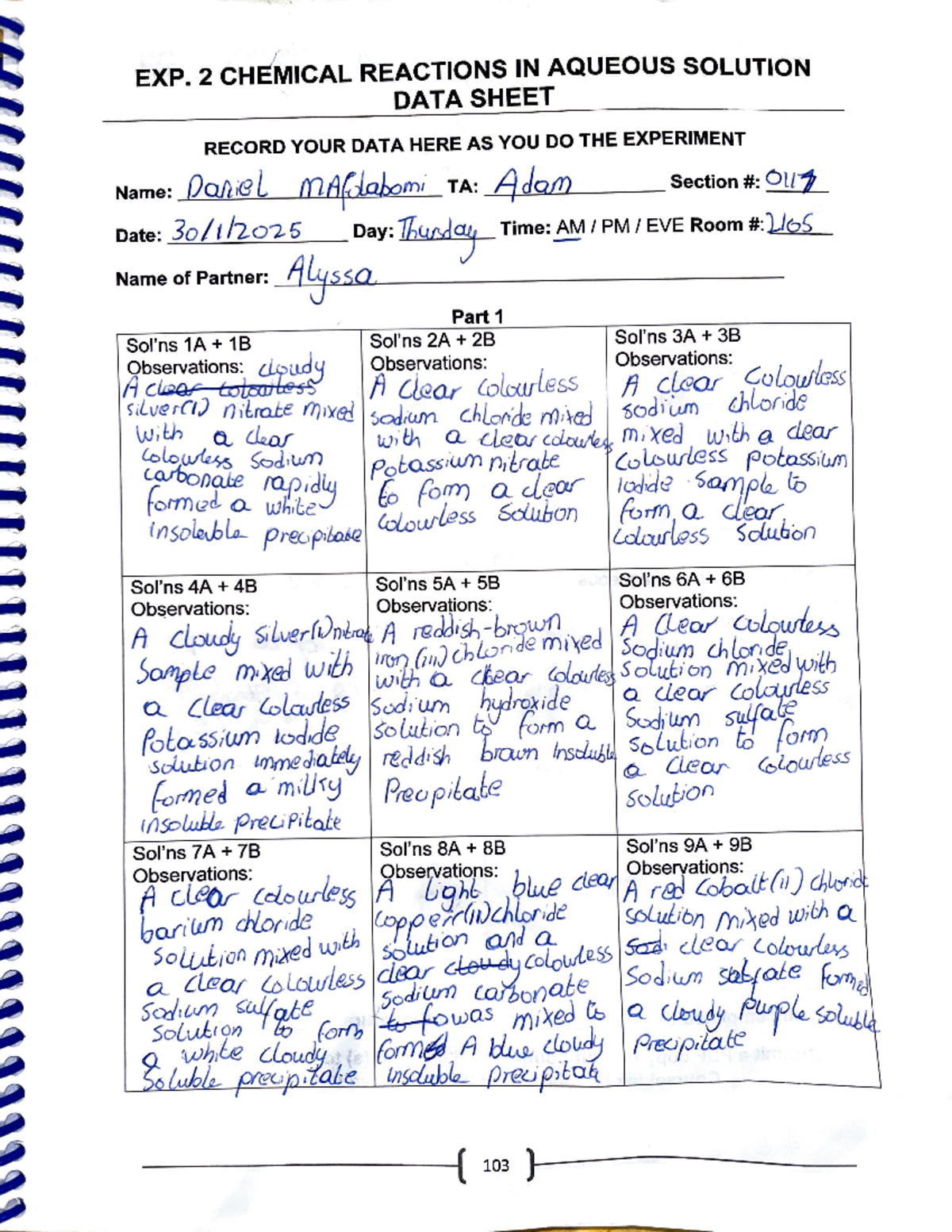 Chem Lab worksheet - ~ fjj fij ~ EXP. 2 CHEMICAL REACTIONS IN AQUEOUS ...