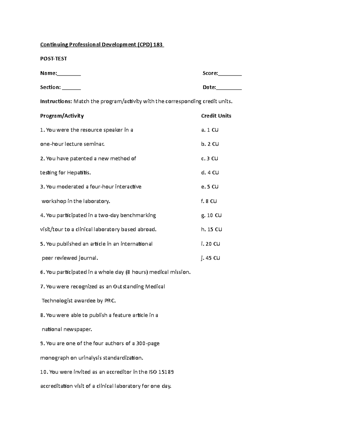 CPD 183 Post-Test: Matching Activities with Credit Units - Studocu