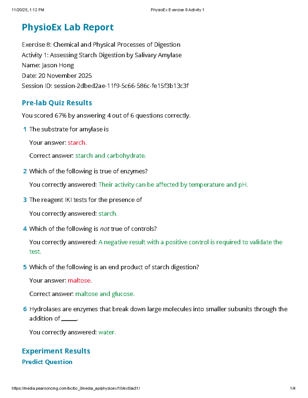 PhysioEx 1:12 PM Lab Report - Exercise 8: Starch Digestion Analysis ...